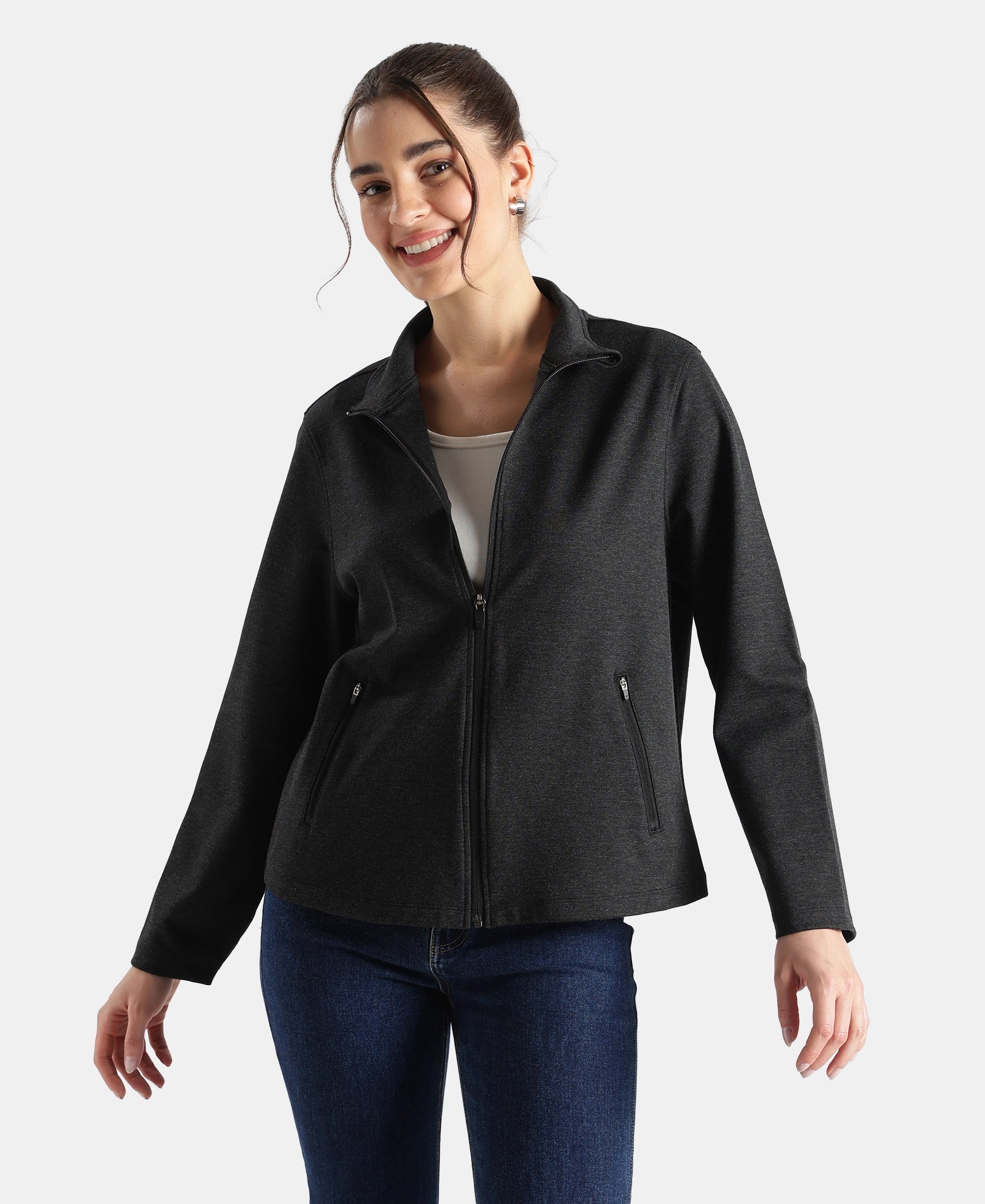 Buy Rayon Nylon Elastane Stretch Relaxed Fit Jacket with Zipper Pockets ...
