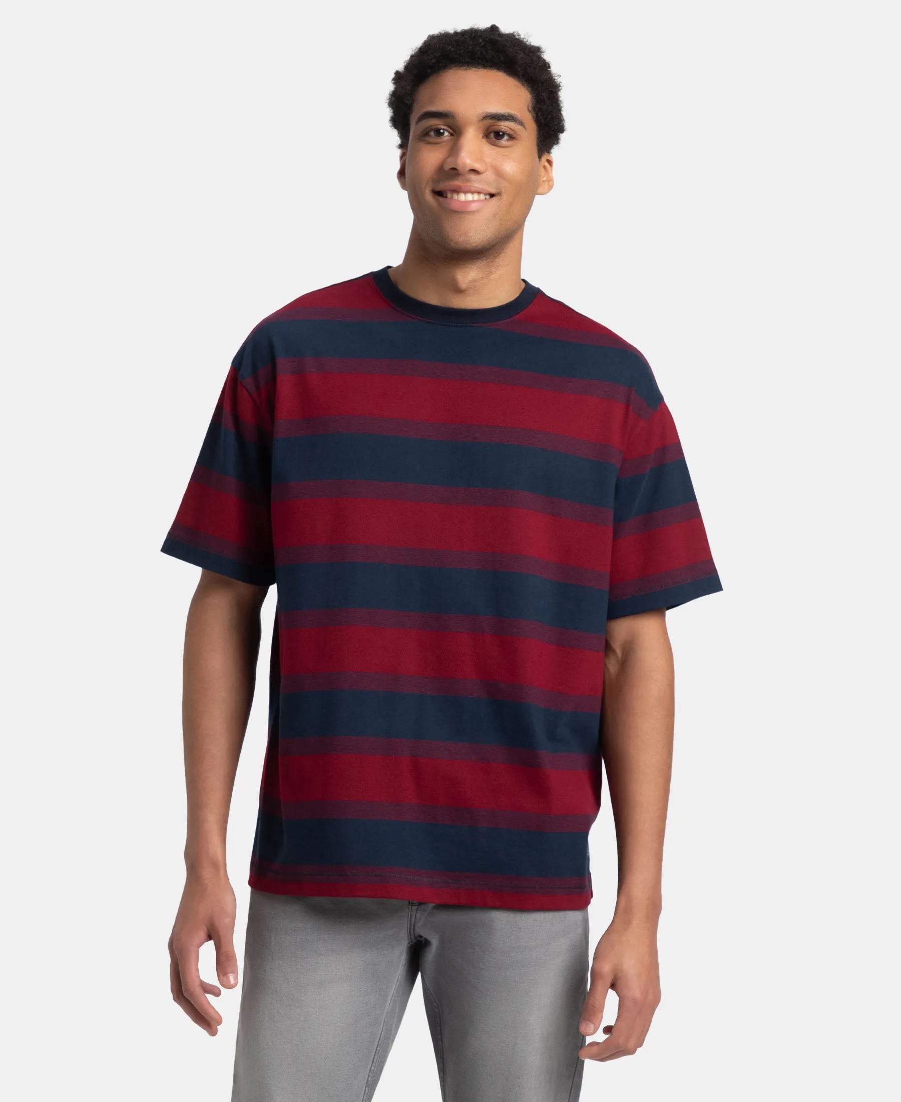 Buy Super Combed Cotton Rich Striped Oversized T-Shirt - Deep Red ...