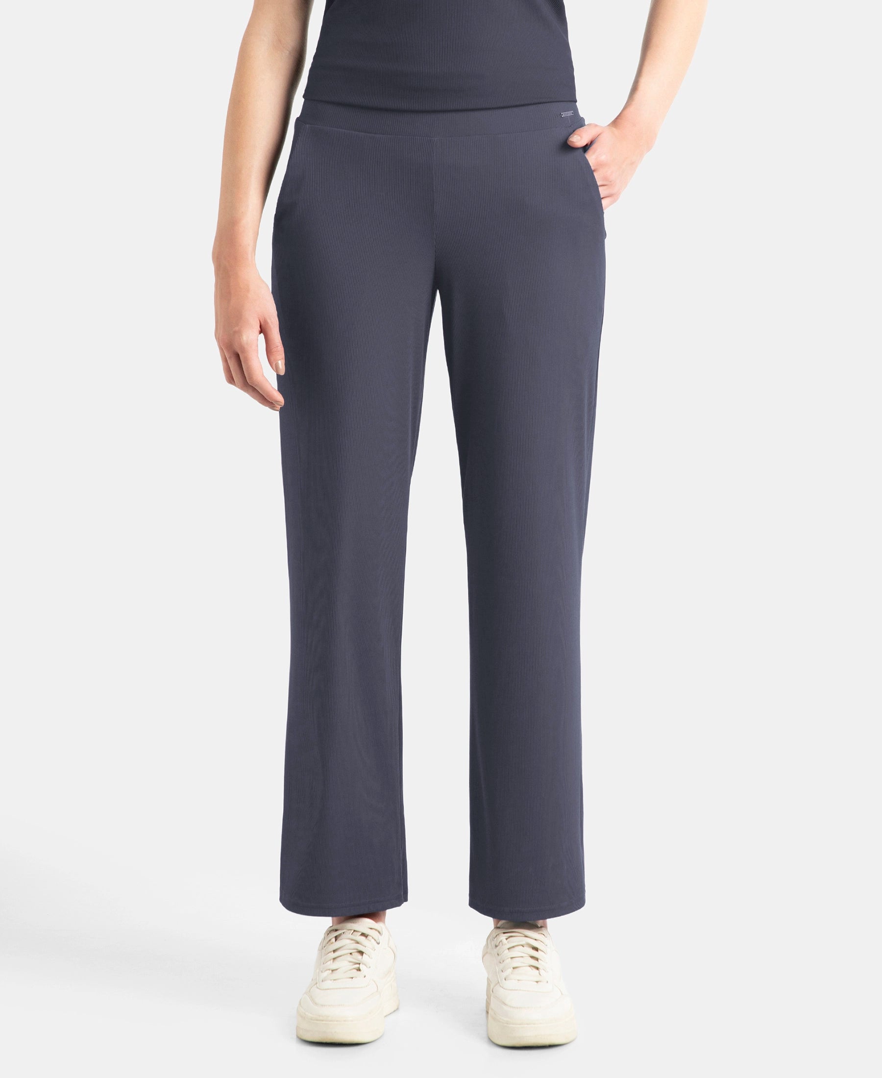 Buy Microfiber Elastane Stretch Regular Fit Wide Leg Pants - Grey Stone ...